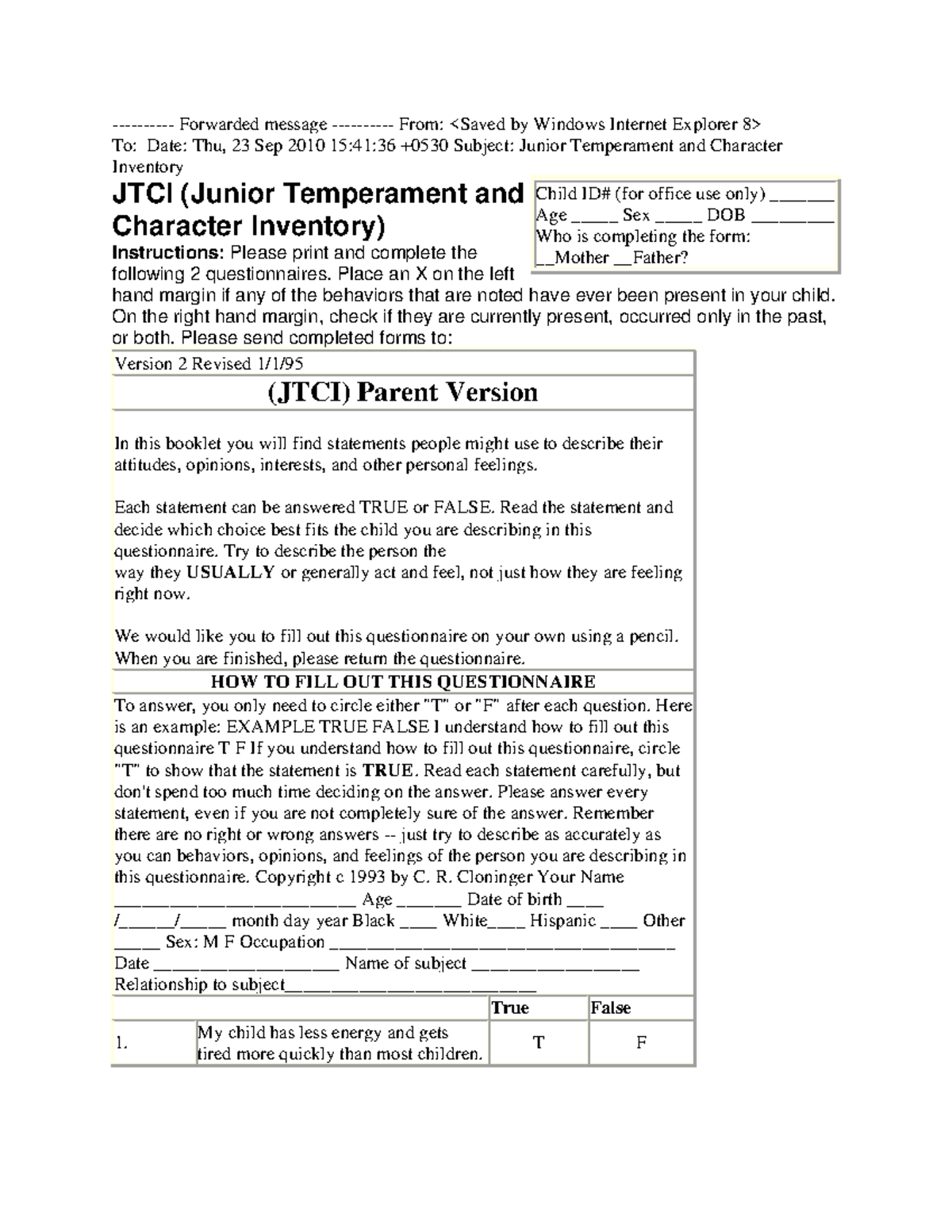 Junior Temperament and Character Inventory (JTCI) Questionnaire - Studocu