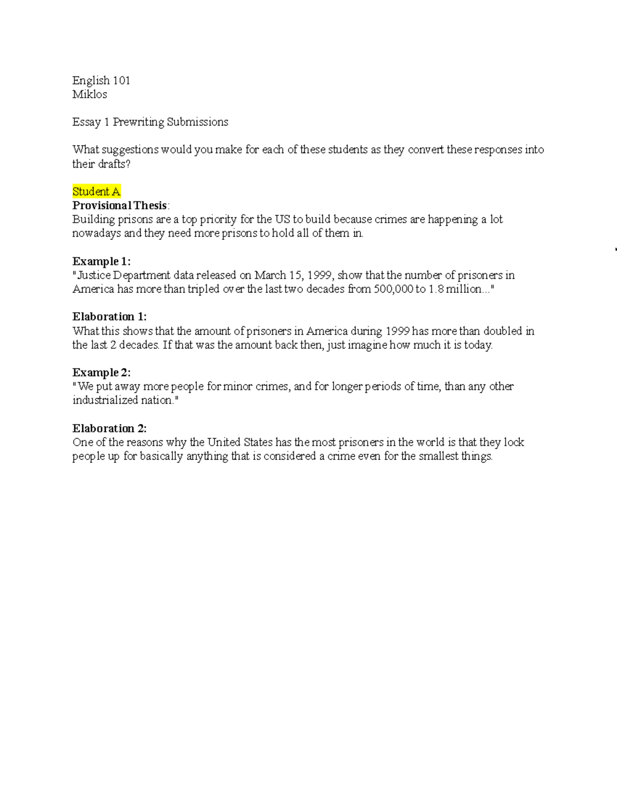 English 101: Essay 1 Prewriting Suggestions and Student Samples - Studocu