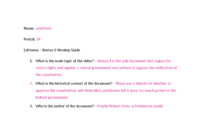 LaManna Brutus 1 & Federalist 10 Viewing Guide - Studocu