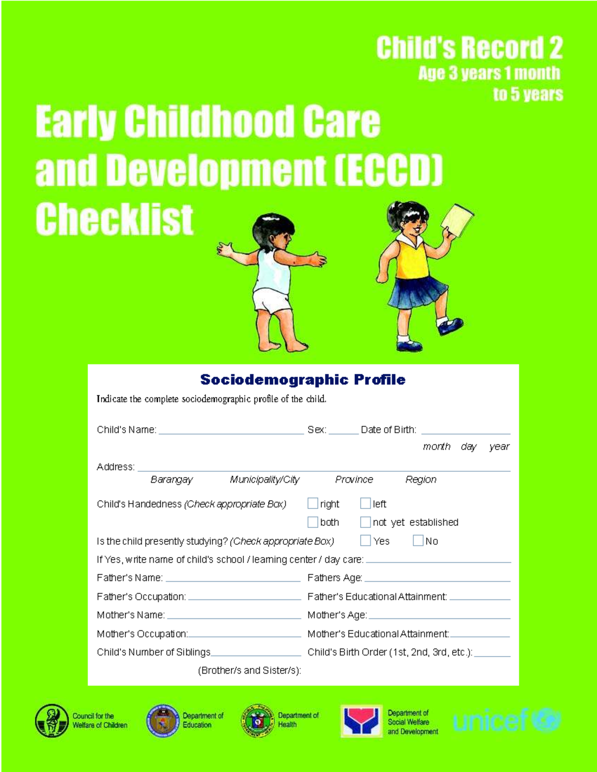 ECCD Checklist: Child's Developmental Profile Record 2 - Studocu