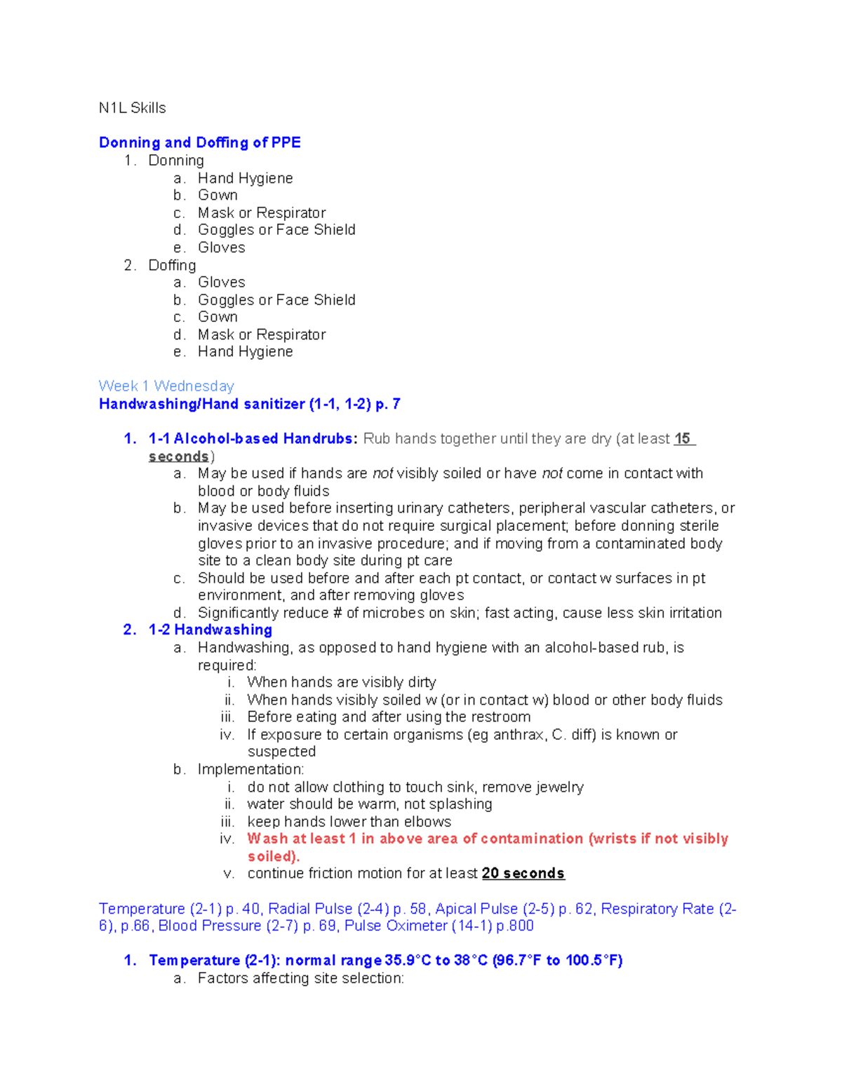 N1L Skills: Donning & Doffing PPE and Vital Signs Assessment Notes ...