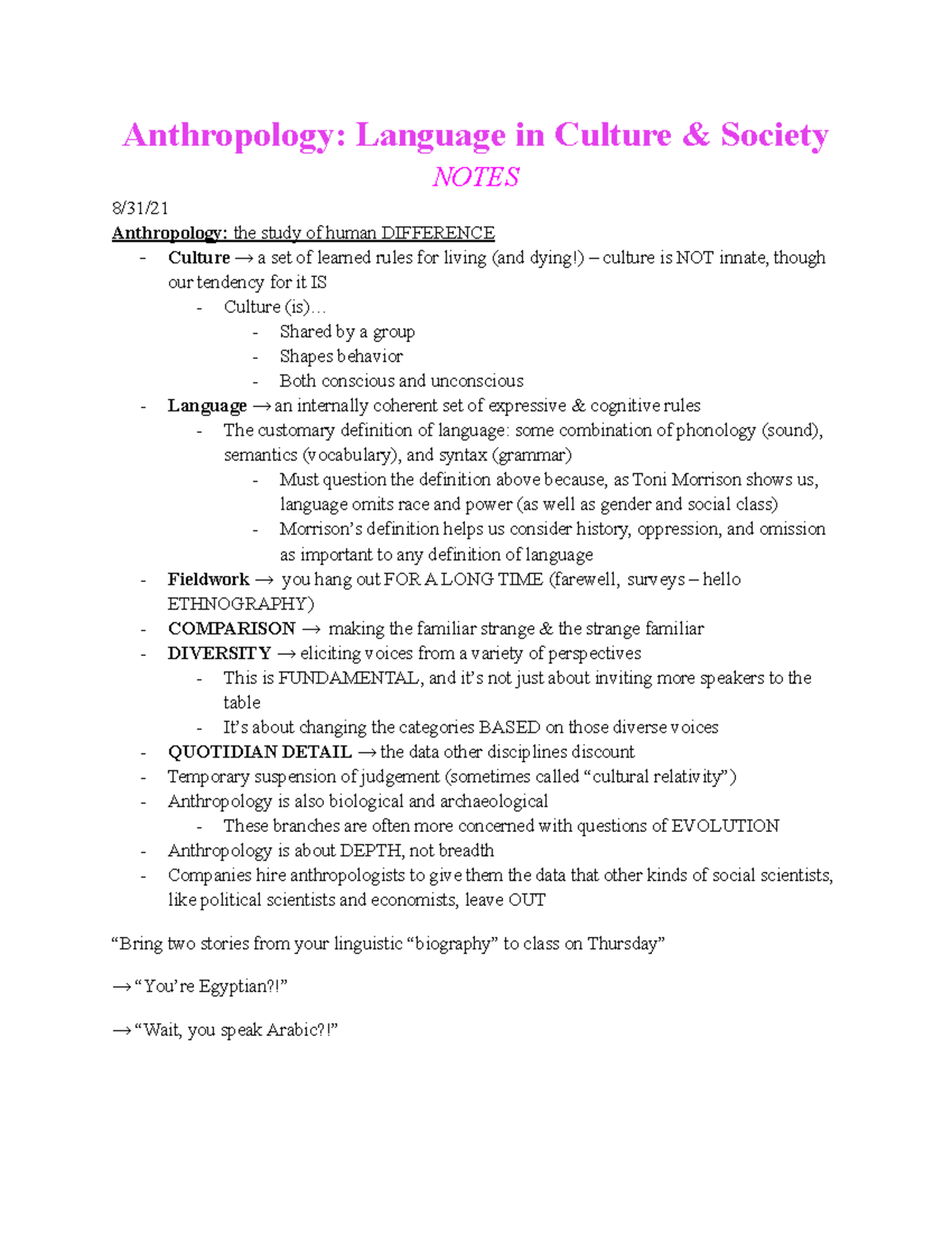 ANTH 1004 Anthropology Notes: Language & Culture Insights - Studocu