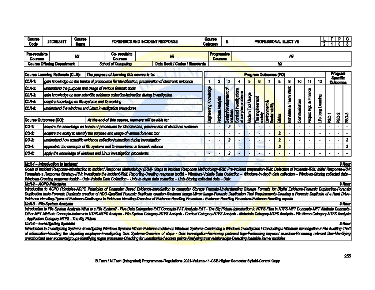 21CSE381T Forensics and Incident Response Syllabus Overview - Studocu
