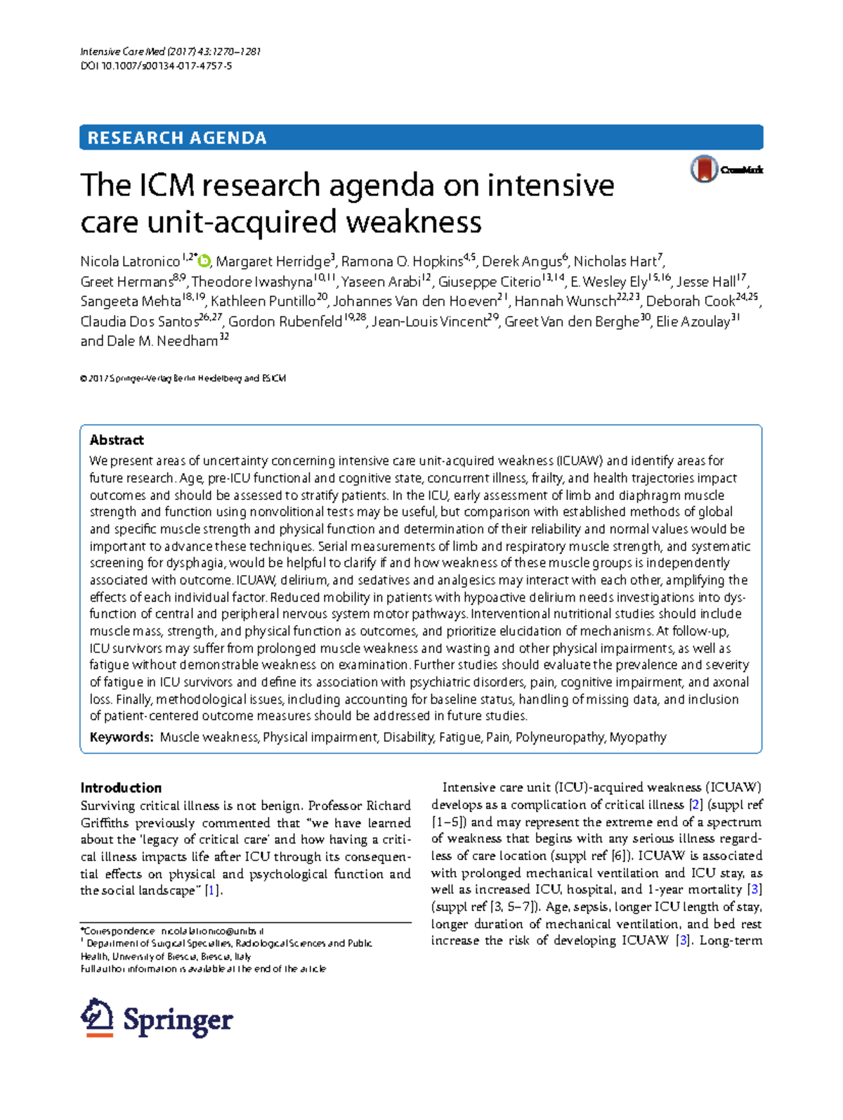 ICU Research Agenda on Muscle Weakness and Recovery (ICM 2017) - Studocu