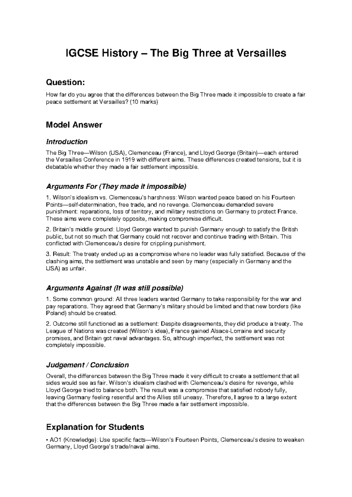 IGCSE History: The Big Three at Versailles - Question Analysis & Model ...