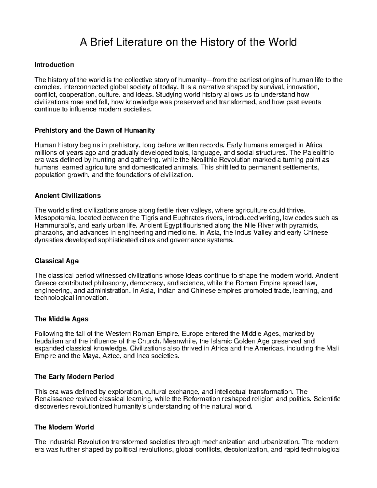 World History Overview: Key Events and Civilizations - Studocu