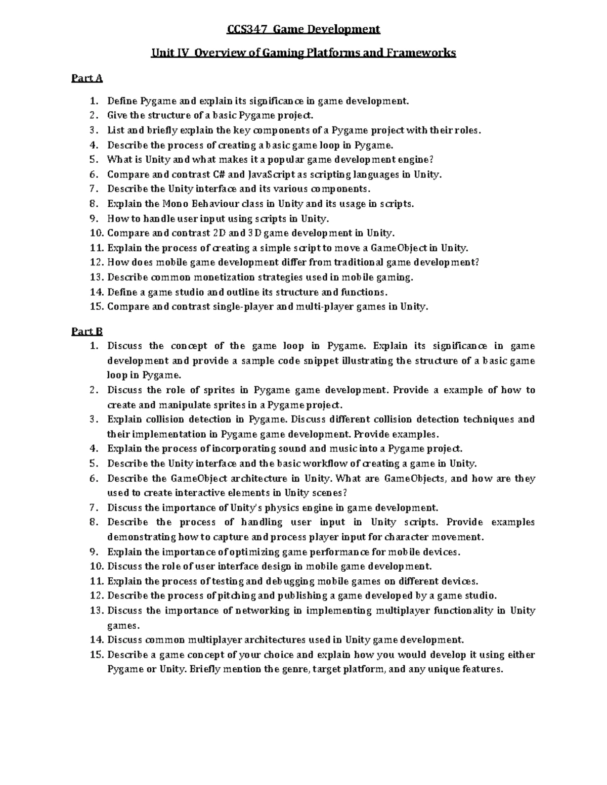 CCS347 Game Development - Comprehensive Syllabus Notes - Studocu