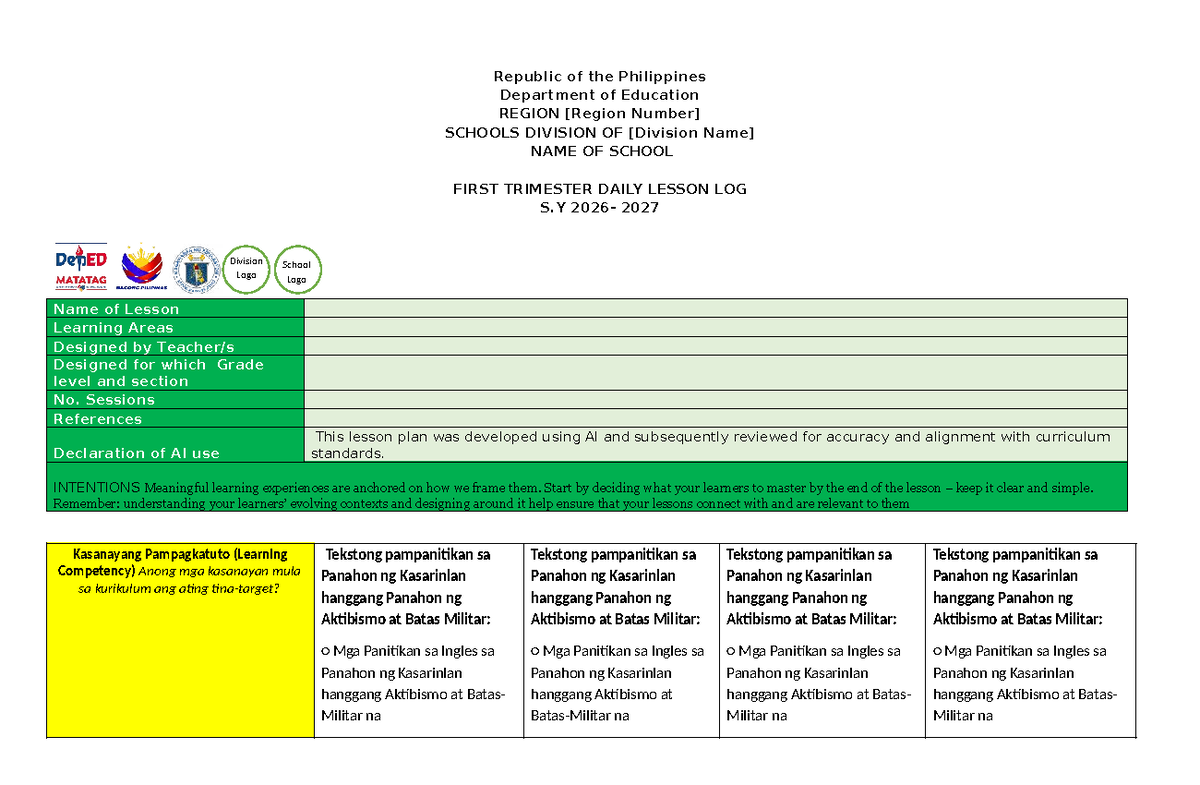 S.Y. 2027 First Trimester Daily Lesson Log: Week 3 Activities - Studocu