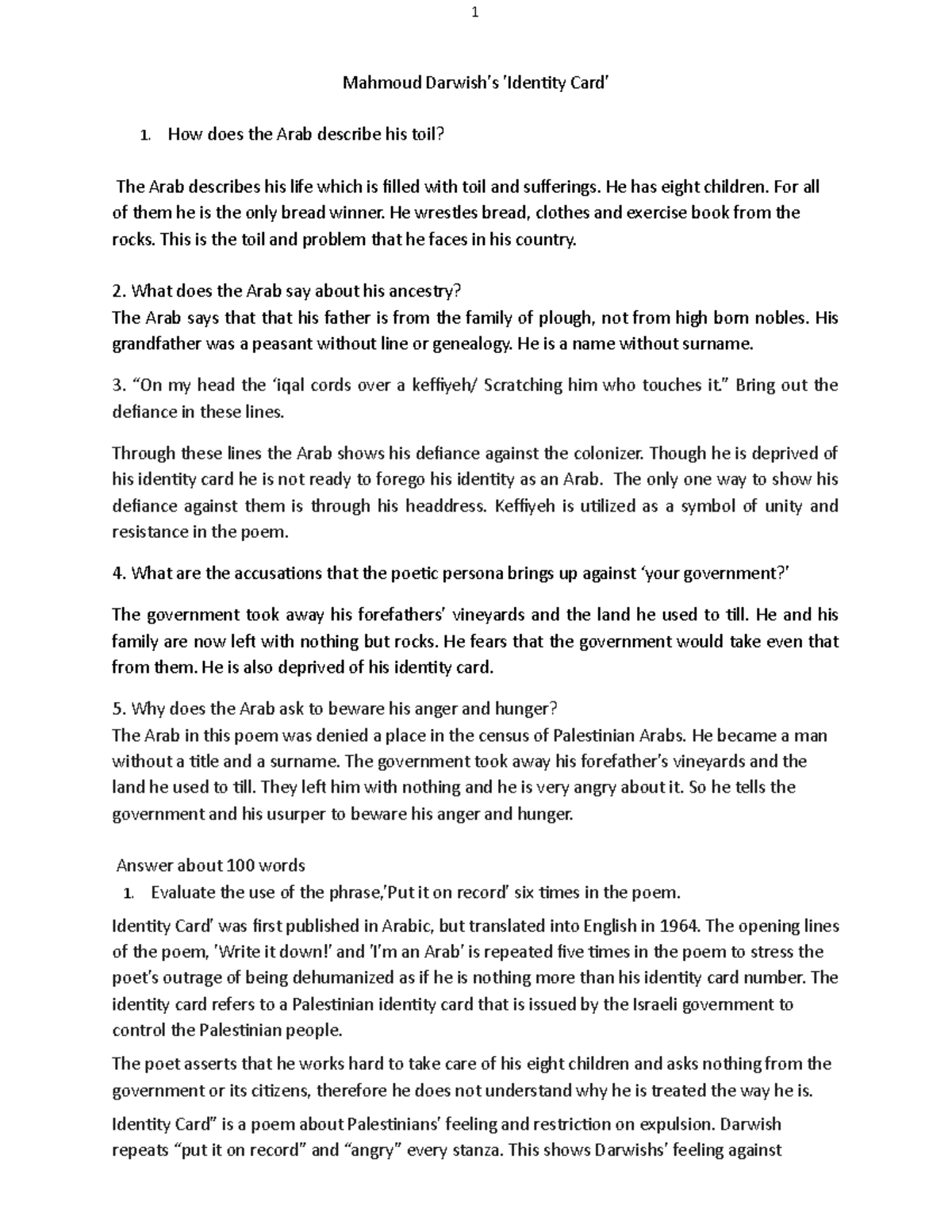 Postcolonial Paradigm - Mahmoud Darwish's 'Identity Card’ How does the ...