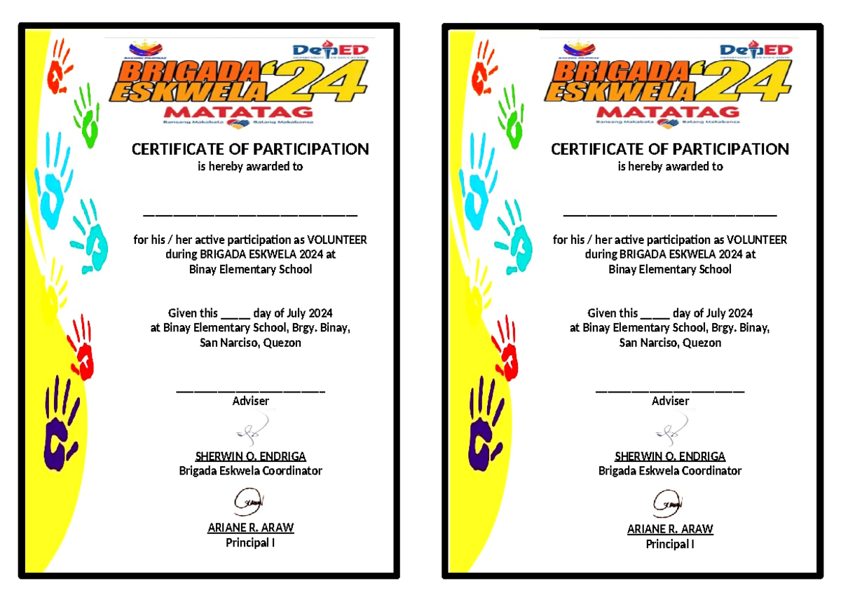 Brigada Eskwela Certi 2024 - Republic of the Philippine Department of Education Region IV-A ...