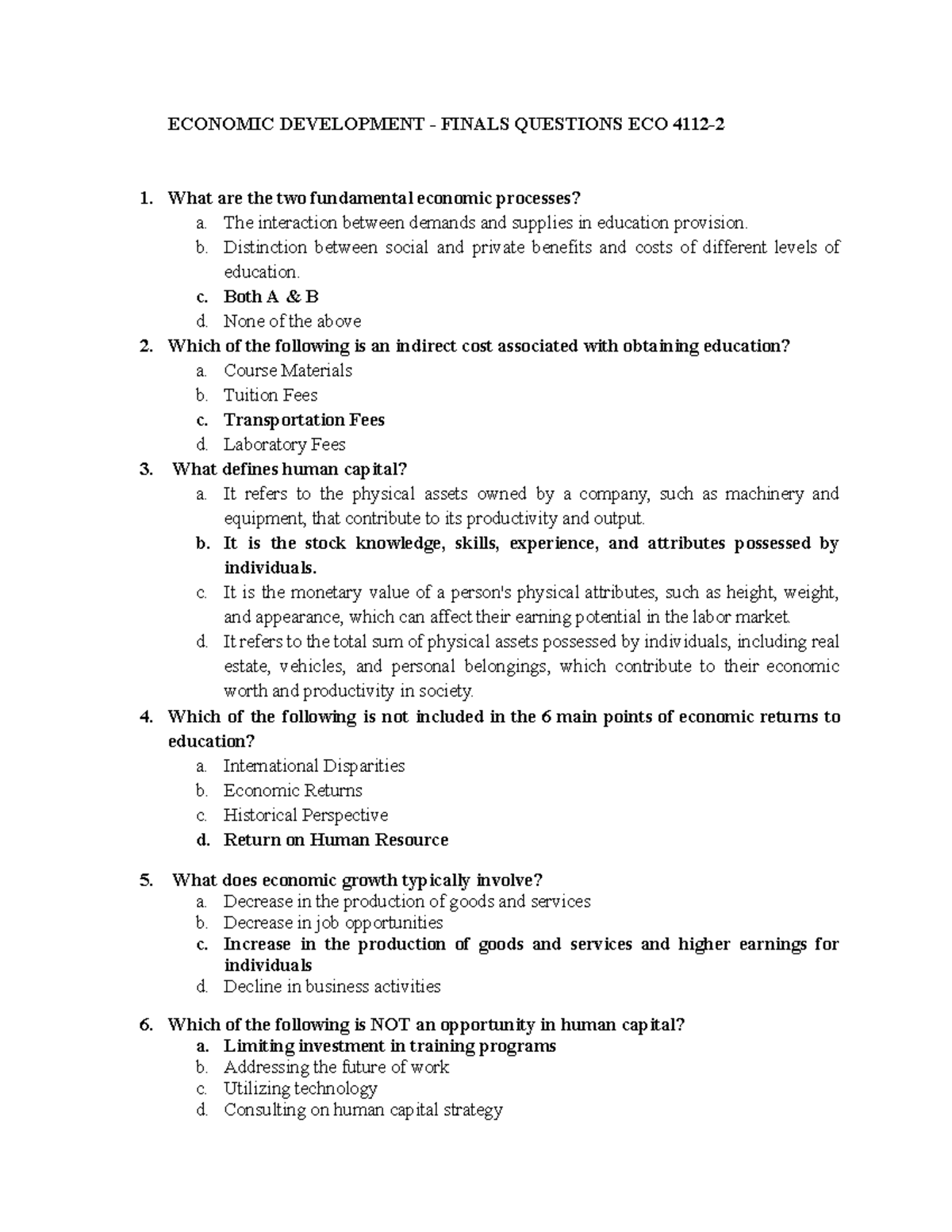 ECO 4112 Economic Development Final Exam Questions and Answers - Studocu