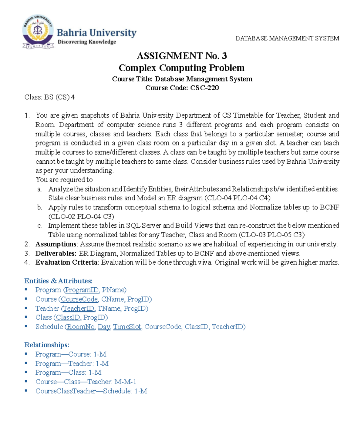 CSC-220 DBMS Assignment 3: Complex Computing Problem Analysis - Studocu