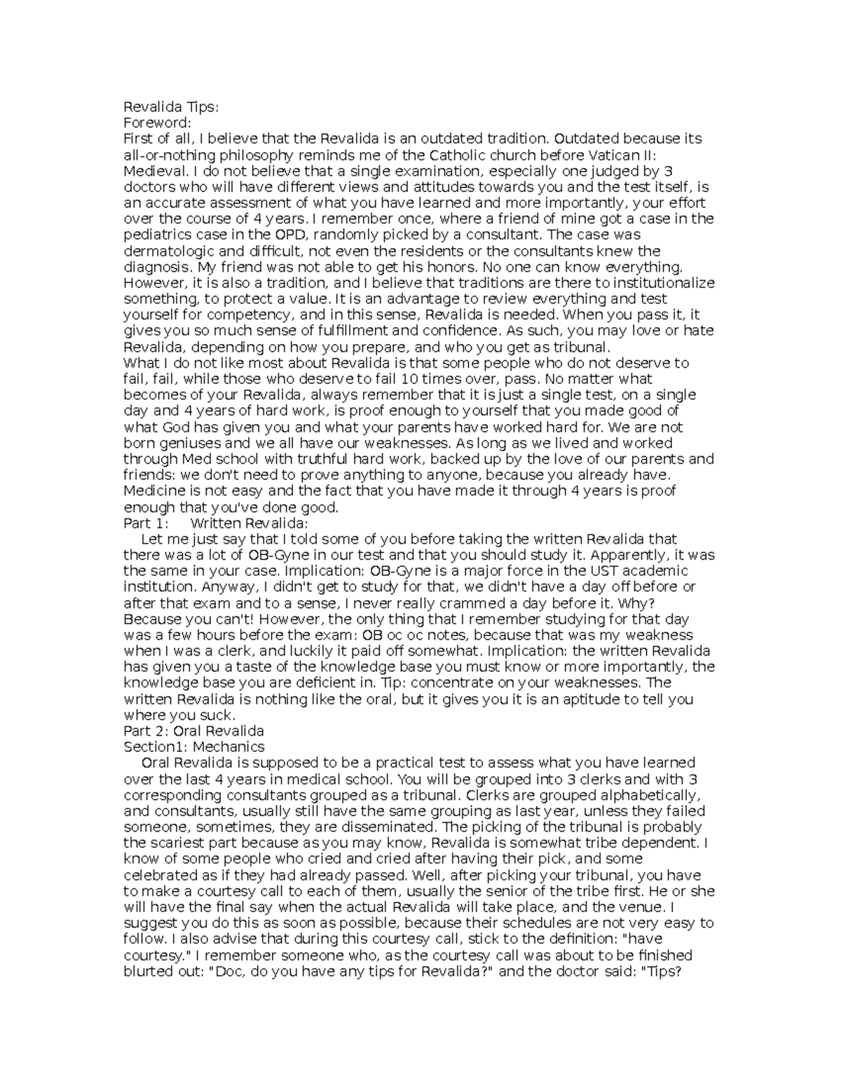 Revalida - Lecture - Revalida Tips: Foreword: First of all, I believe that the Revalida is an ...