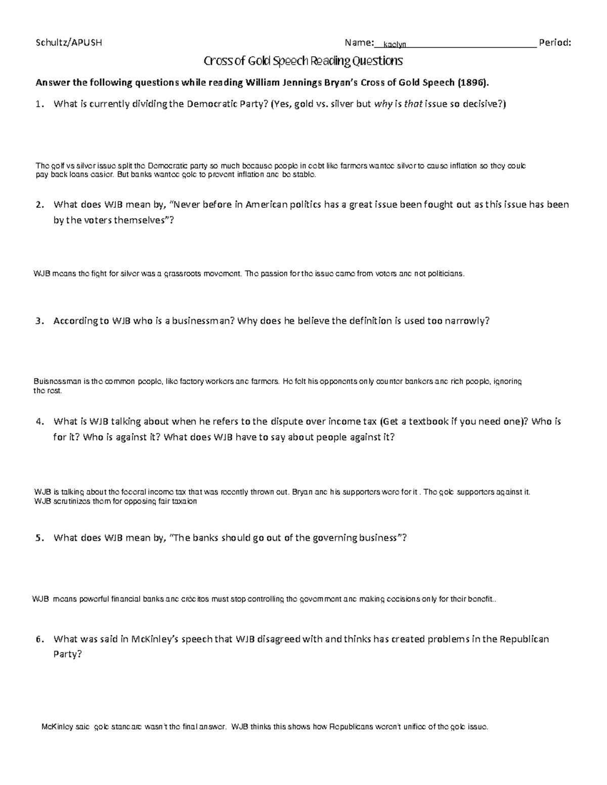 Cross of Gold Speech Reading Questions (WJB 1896) - Studocu