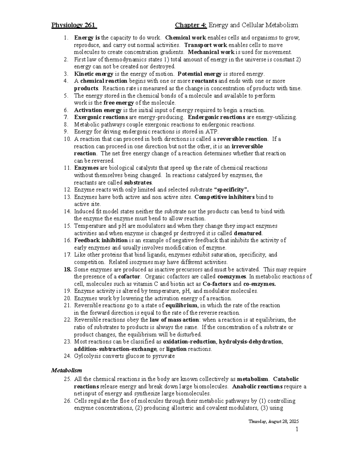 Physiology 261 Chapter 4: Energy and Cellular Metabolism Overview - Studocu