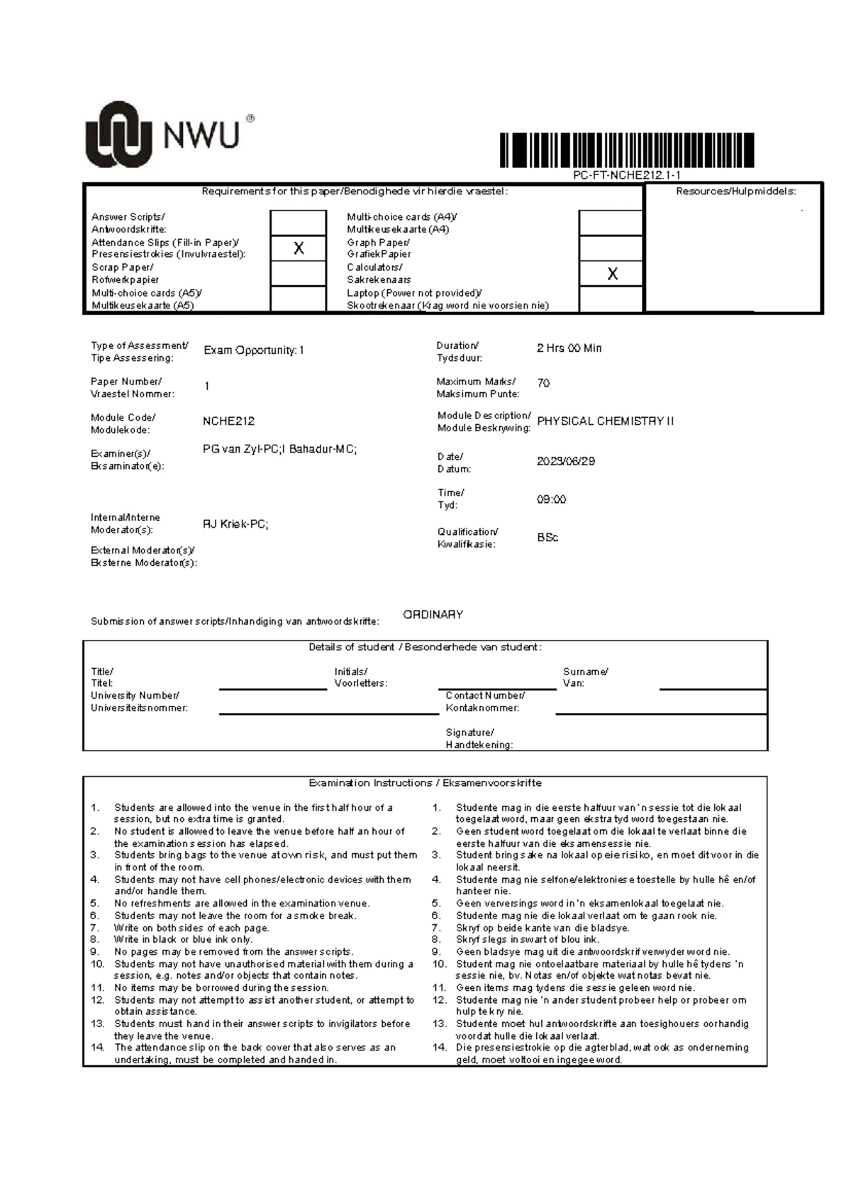 CHEN 213 - 2017 Exam Paper Requirements and Instructions - Studocu