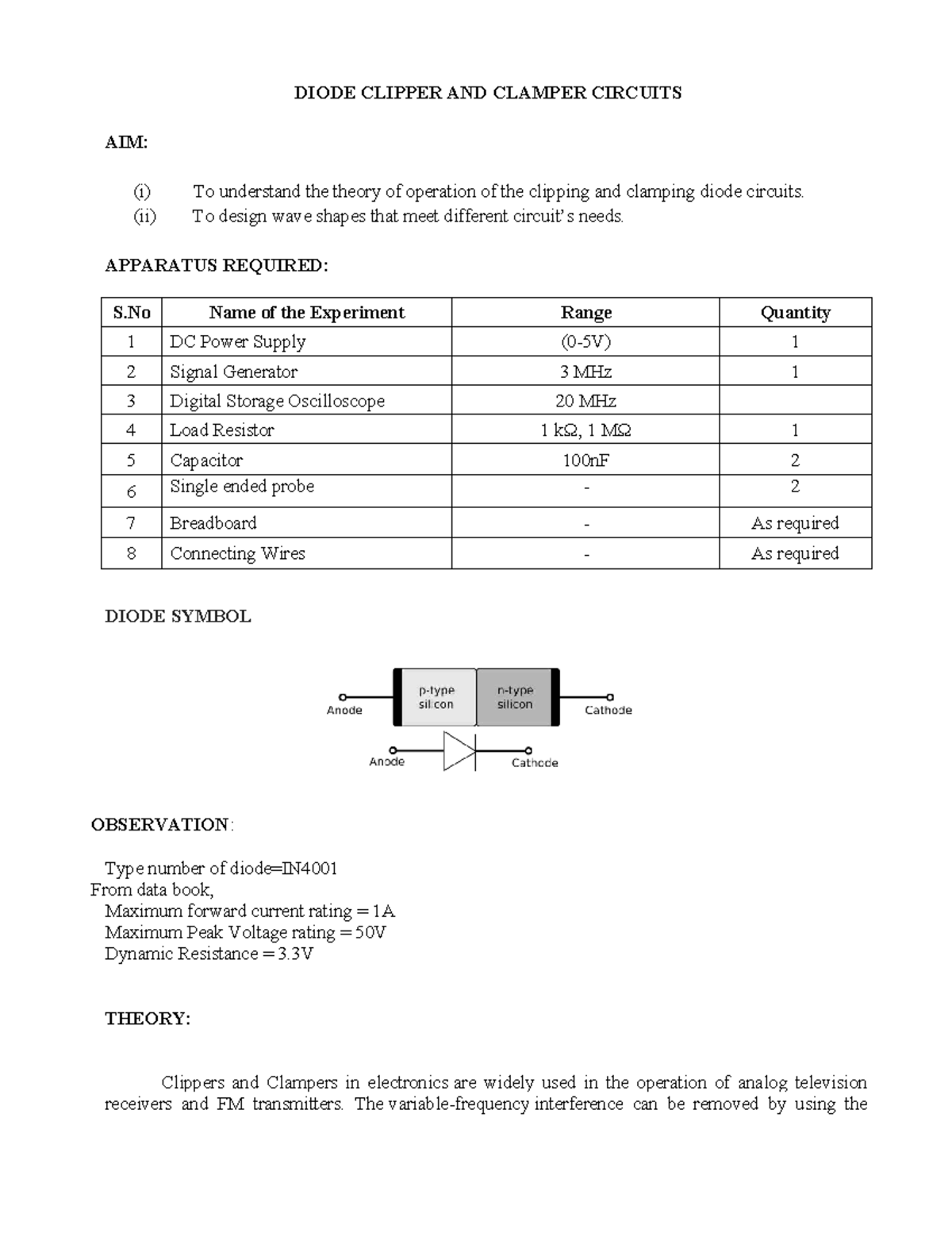 Diode Clipper and Clamper Circuits Lab Report (EE 101) - Studocu