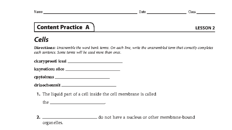 BIO101 Lesson 2: Cells Content Practice - Unscramble Terms - Studocu