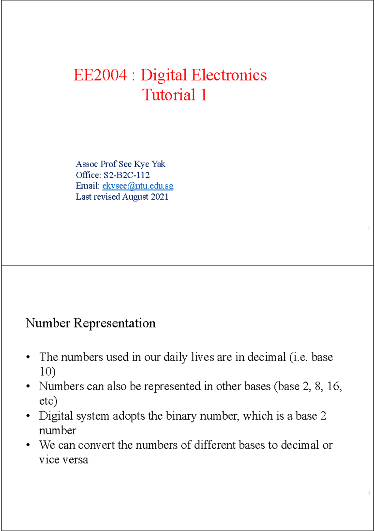 EE2004: Digital Electronics Tutorial 1 Solutions and Number ...
