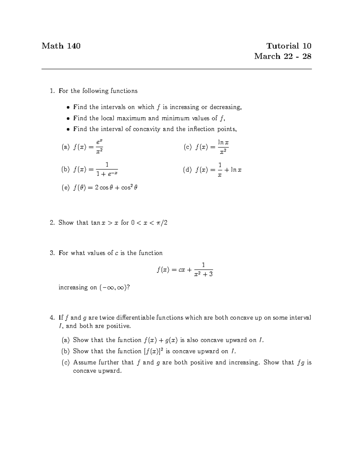 Math 140 Tutorial 10: Analyzing Functions and Concavity - Studocu