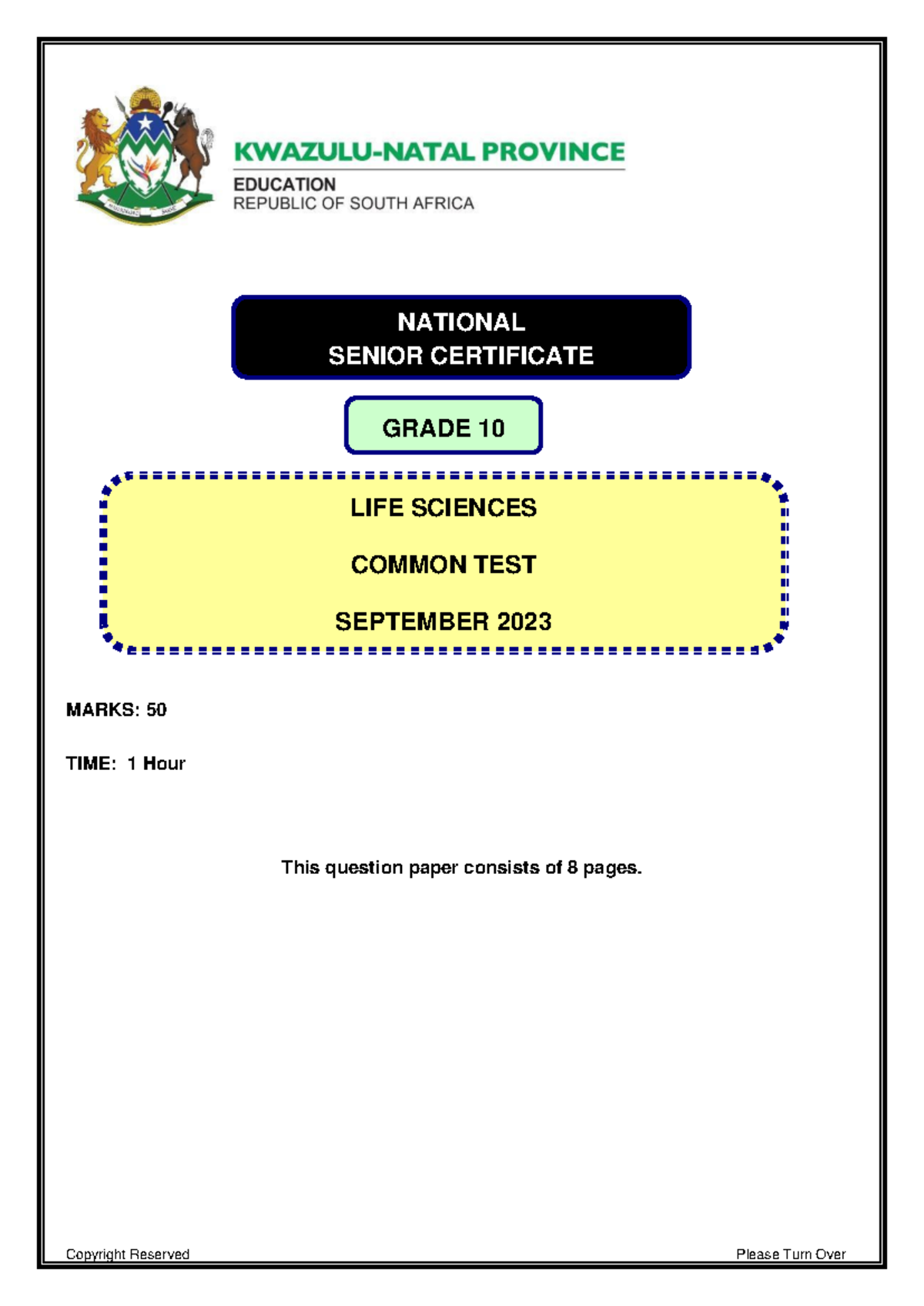 LIFE SCIENCES GRADE 10 COMMON TEST SEPT 2023 - QUESTION PAPER - Studocu