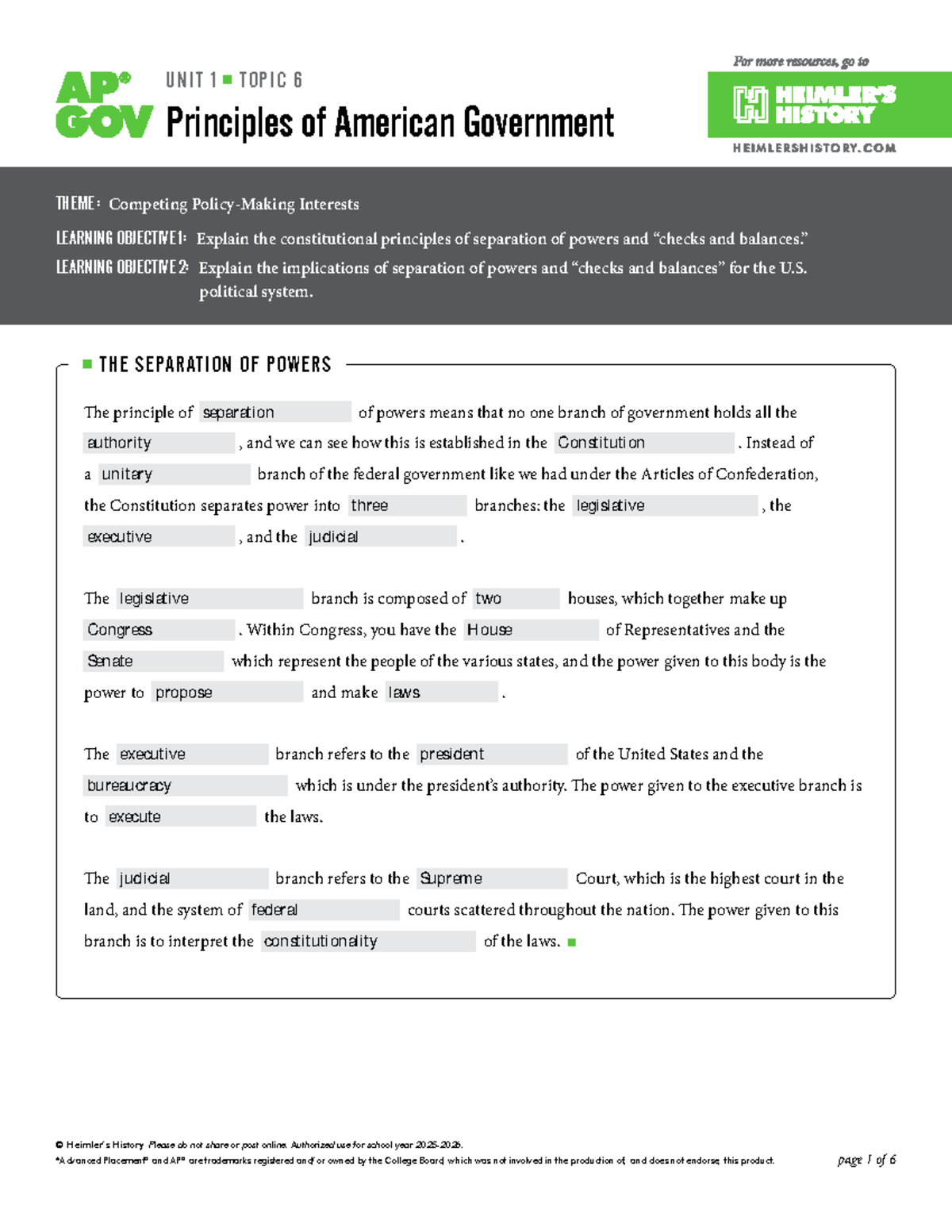 AP Gov Unit 1 Topic 6: Separation of Powers & Checks and Balances - Studocu