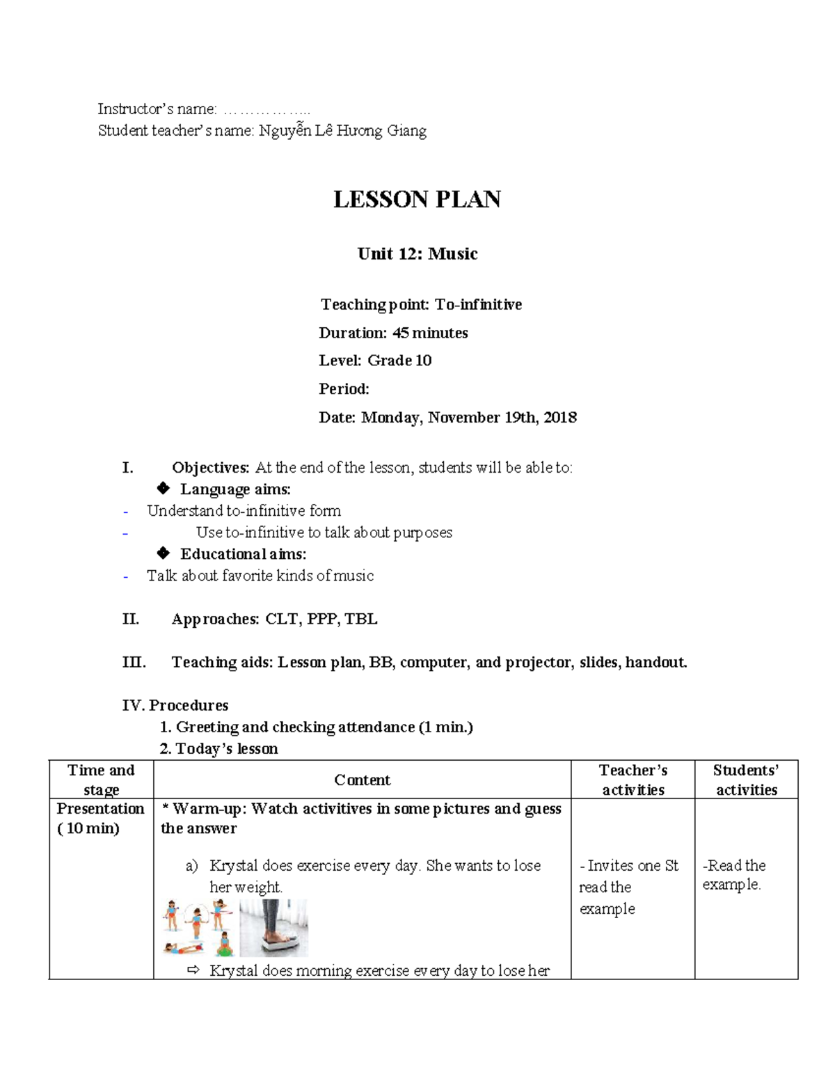 Lesson Plan: Unit 12 - Music (Grade 10) - Nguyễn Lê Hương Giang - Studocu