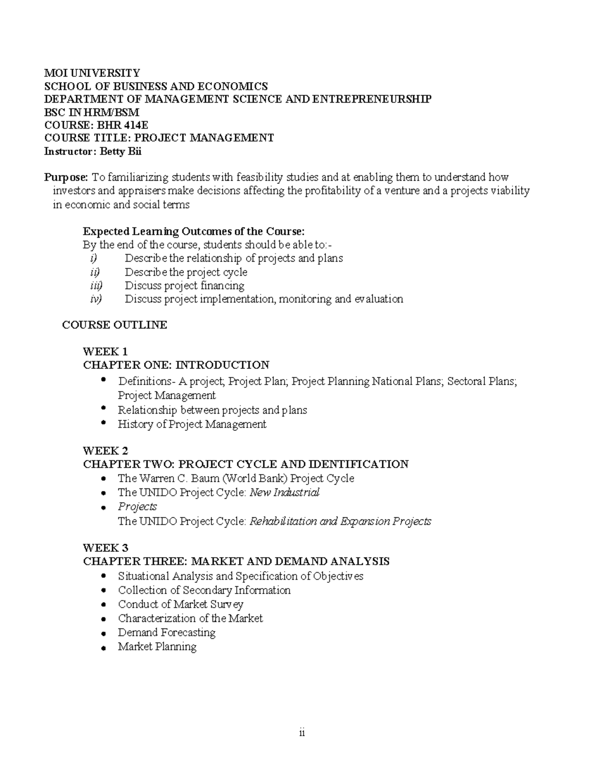 BHR 414E Project Management Course Outline and Learning Outcomes - Studocu