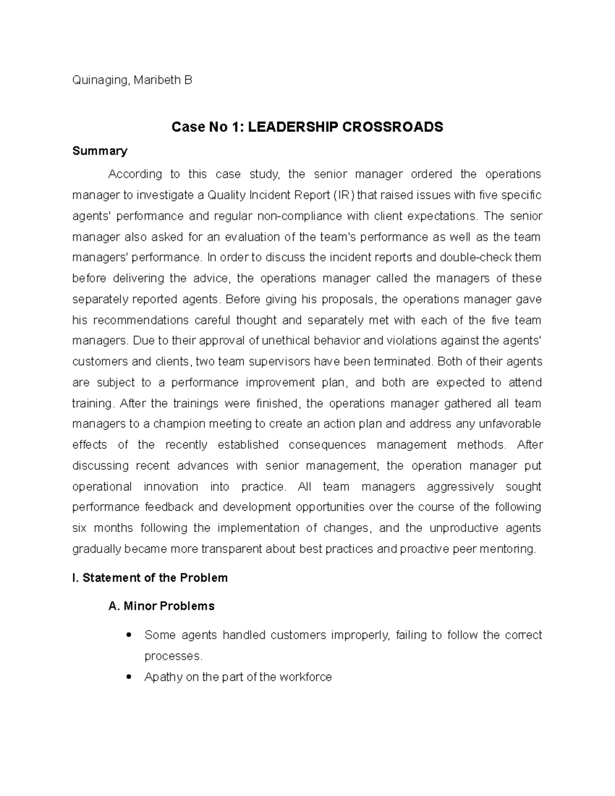 Case Study 1 Leadership Crossroads - Quinaging, Maribeth B Case No 1 ...