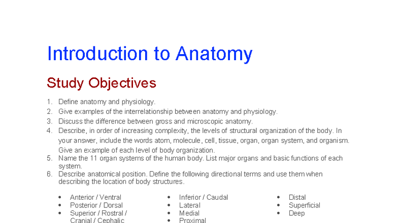 Anatomy Study Objectives for Course 01: Key Concepts and Terms - Studocu