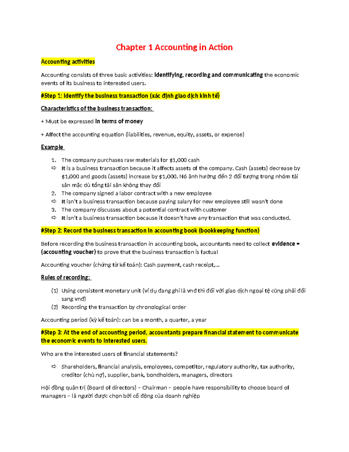 Note in class - No description - Chapter 1 Accounting in Action Accounting activities Accounting ...