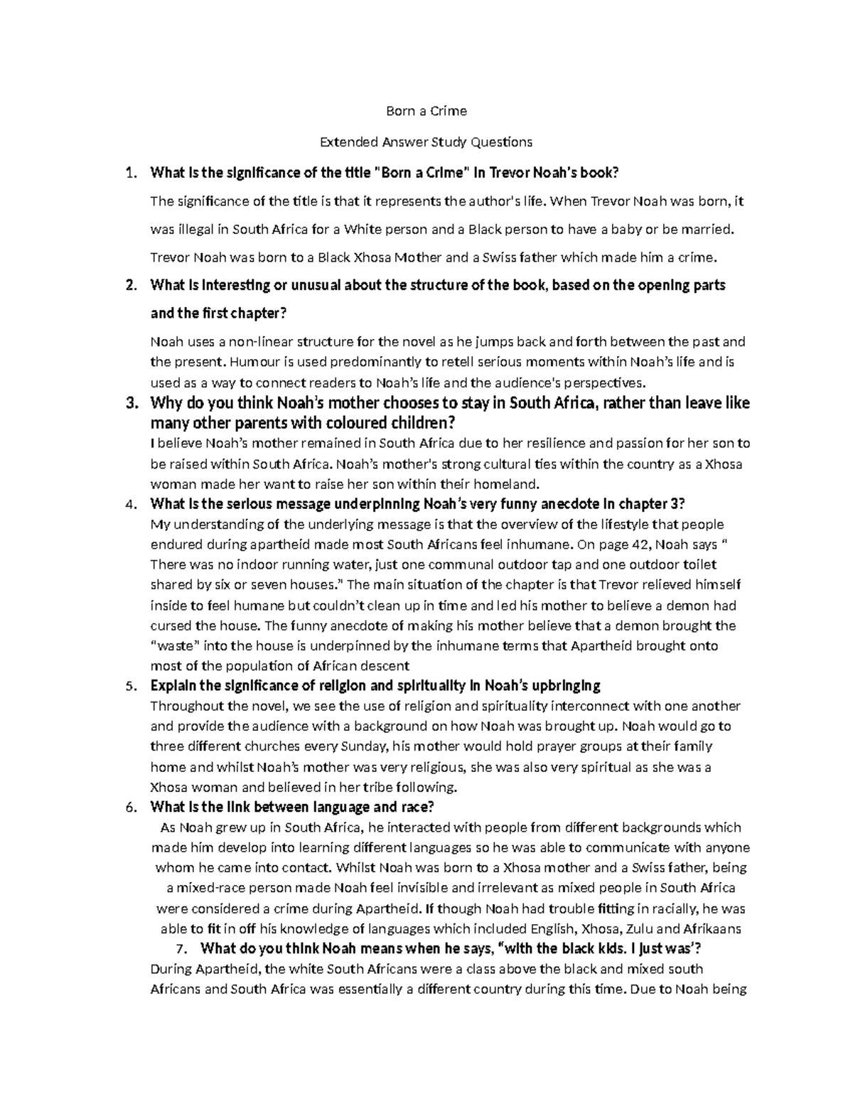 Born a Crime (Course Code) - Chapter-by-Chapter Summary Notes - Studocu