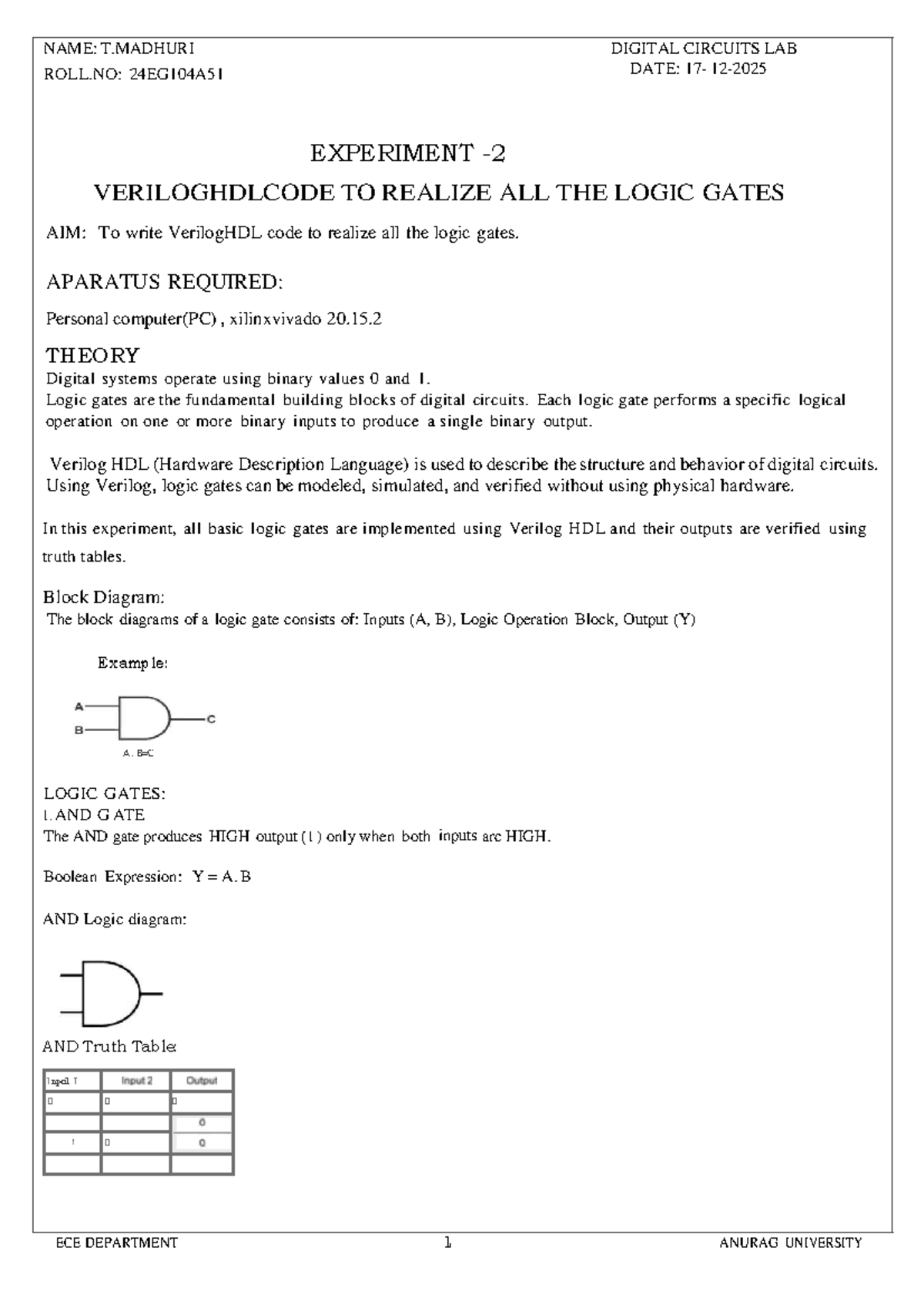A22 ECE Digital Circuits Lab: Verilog HDL Logic Gates Experiment - Studocu