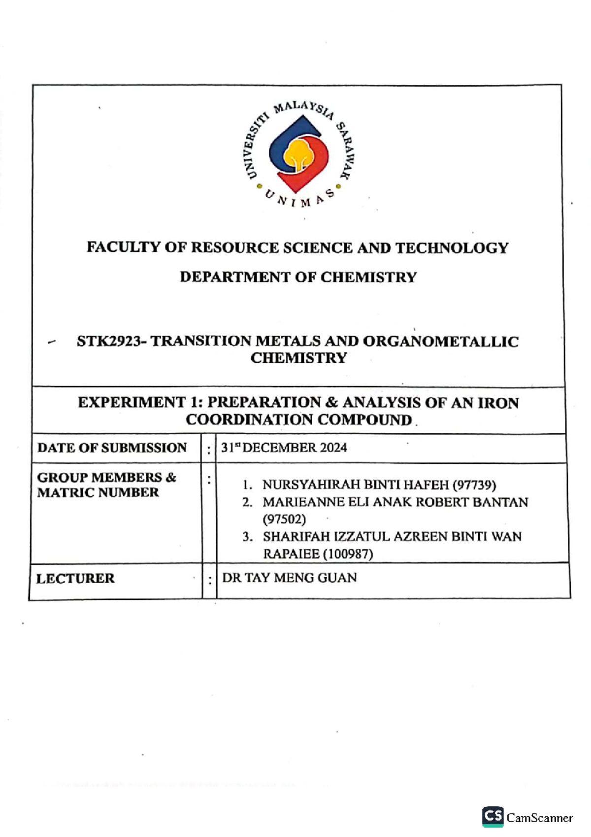 LAB Report: Transition Metals & Organometallic Chemistry (CS ...