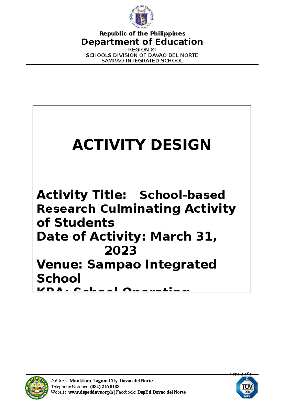 Activity Design - Schoolbased Research - Republic of the Philippines ...