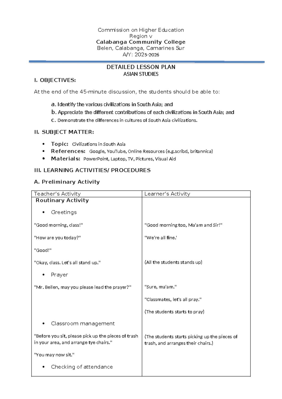 LP ASIAN STUDIES: Civilizations in South Asia Lesson Plan - Studocu
