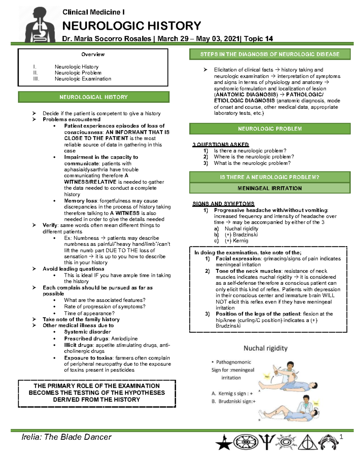 MED 201 Neurologic History Overview and Examination Notes - Studocu