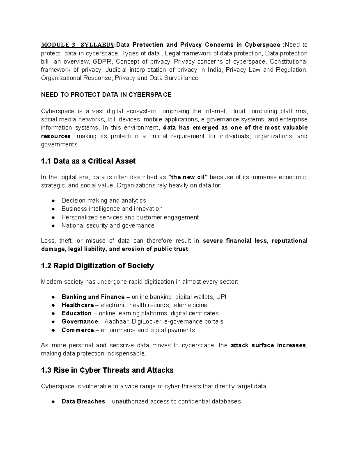 PECST419 Module 3: Data Protection & Privacy in Cyberspace - Studocu