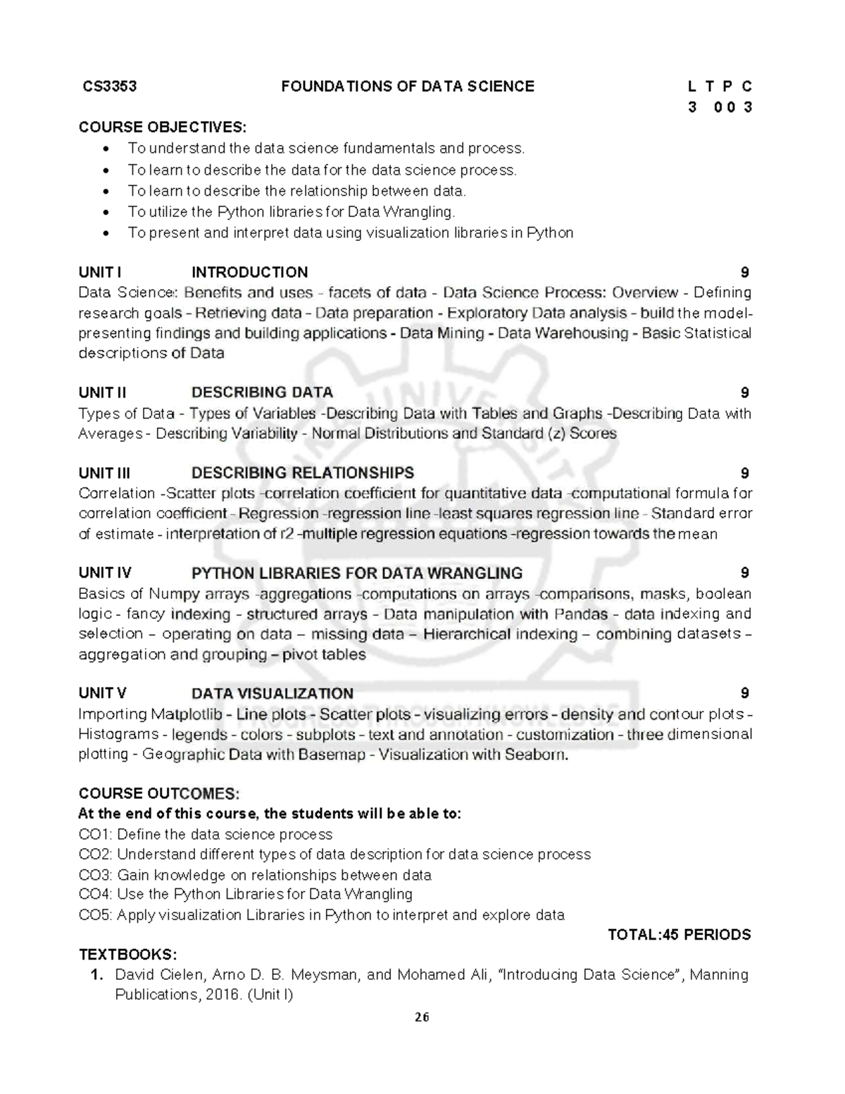 CS3353 FOUNDATIONS OF DATA SCIENCE SYLLABUS & COURSE OUTCOMES - Studocu