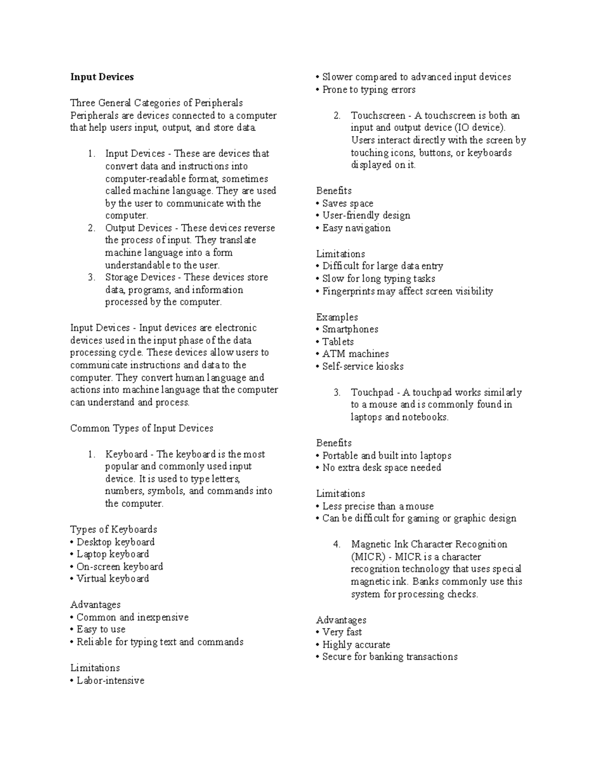 Input Devices: Overview of Types and Functions - Studocu
