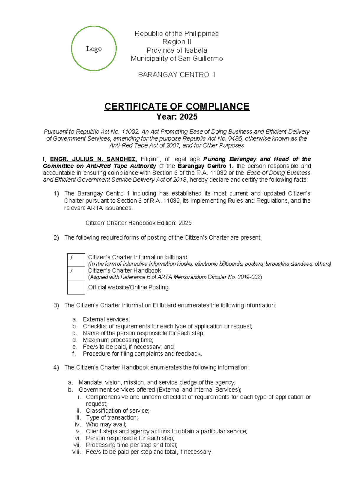 Centro 1 Barangay COC Compliance Certificate 2025 - Studocu