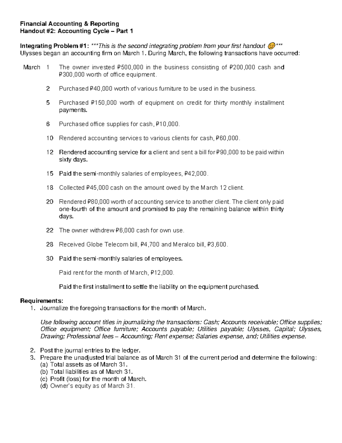 HO2 Financial Accounting Reporting: Accounting Cycle Part 1 Handout ...