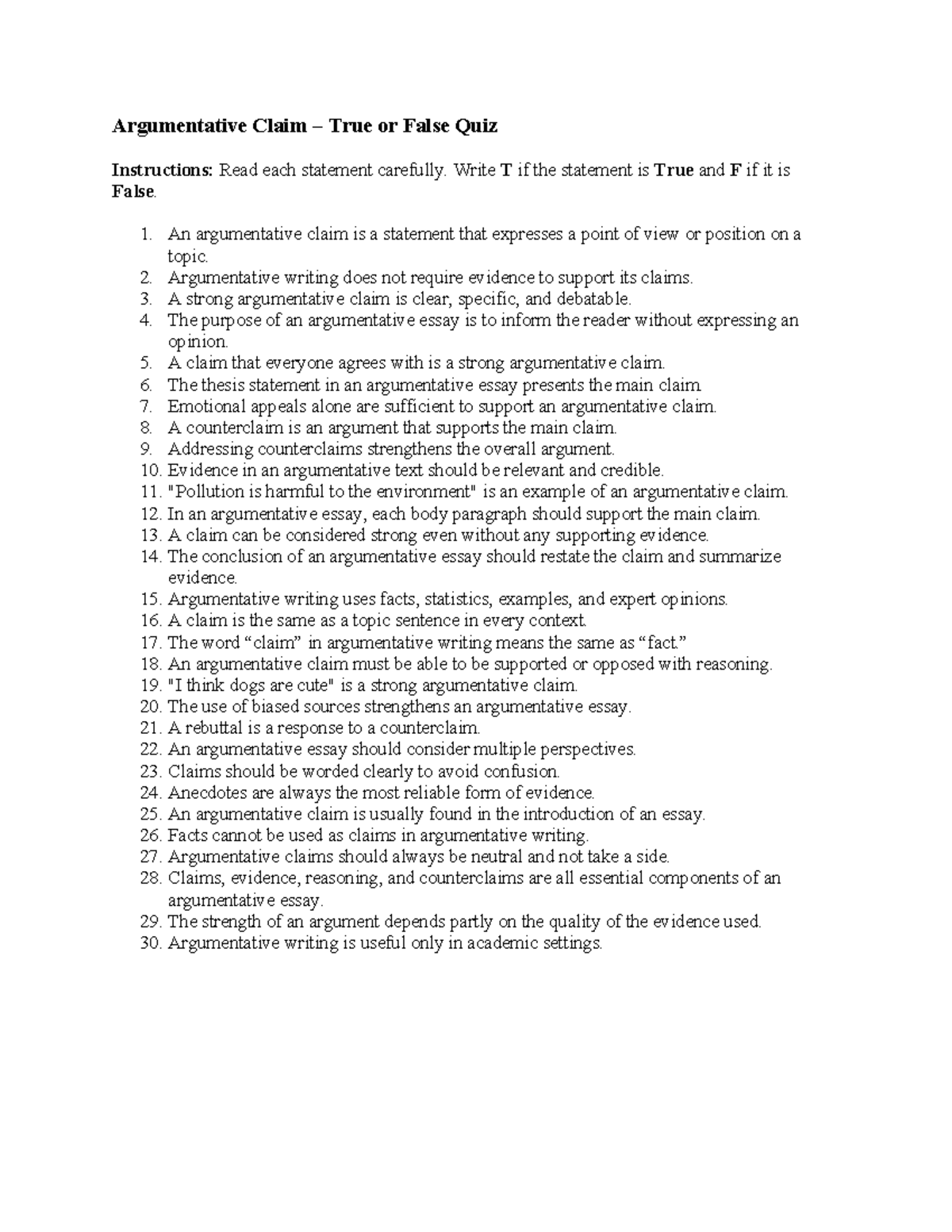 Argumentative Claim Quiz Instructions for Grade 10 - Studocu