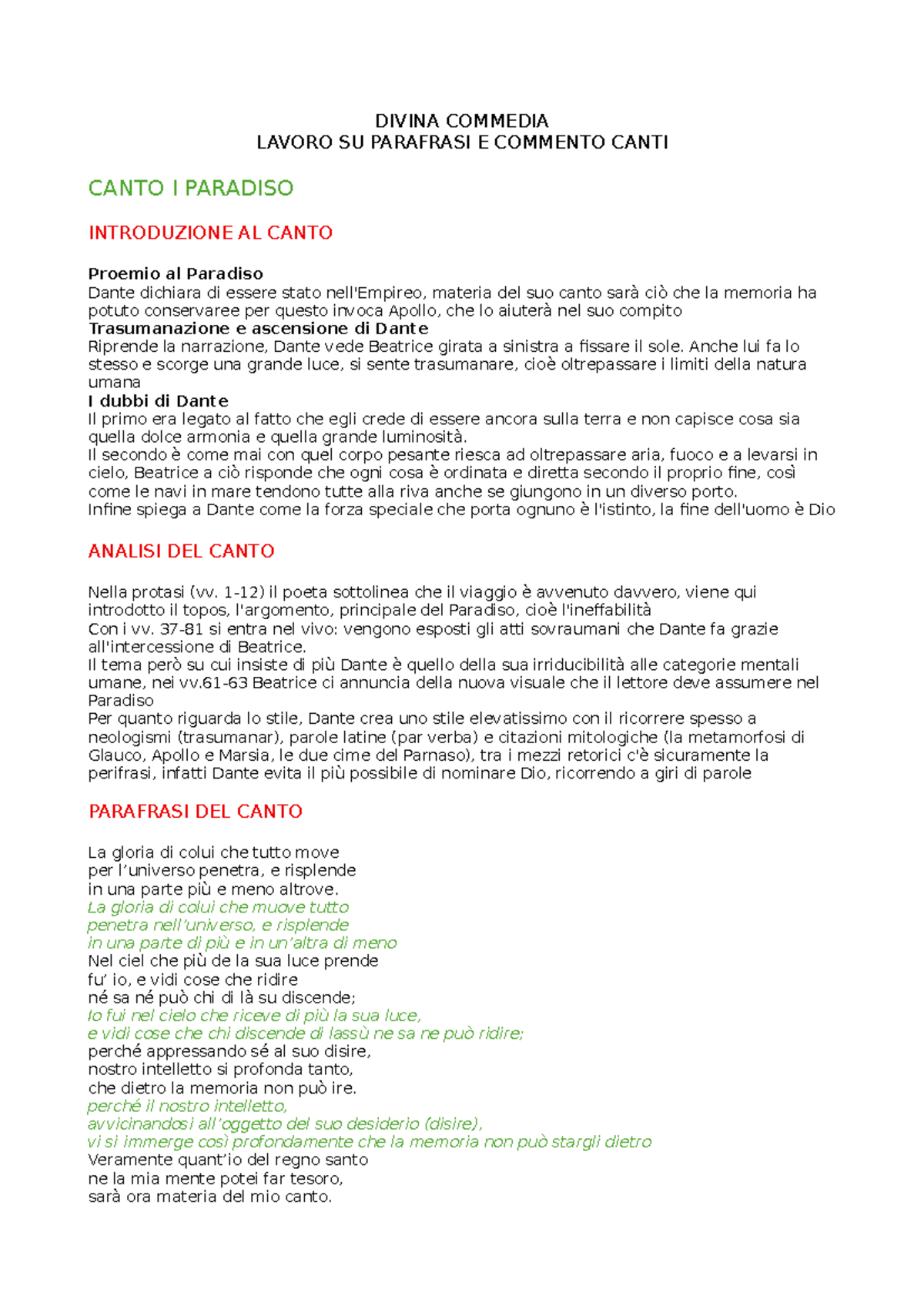 PARAFRASI E ANALISI DEL CANTO I DEL PARADISO (DIVINA COMMEDIA) - Studocu