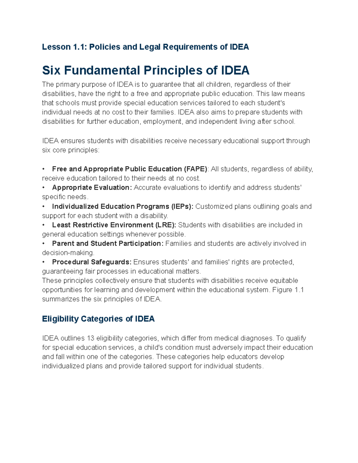 Lesson 1.1: Policies and Legal Requirements of IDEA - Studocu