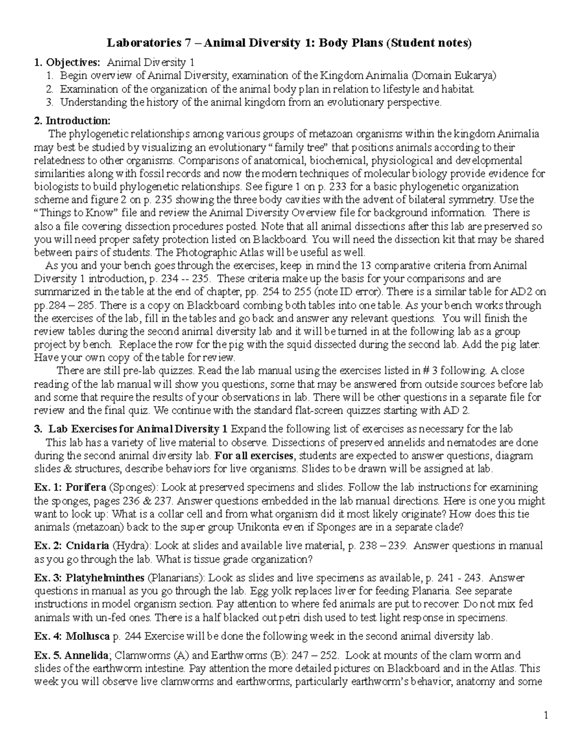 Lab 7 - Animal Diversity I: Exploring Body Plans & Dissections - Studocu