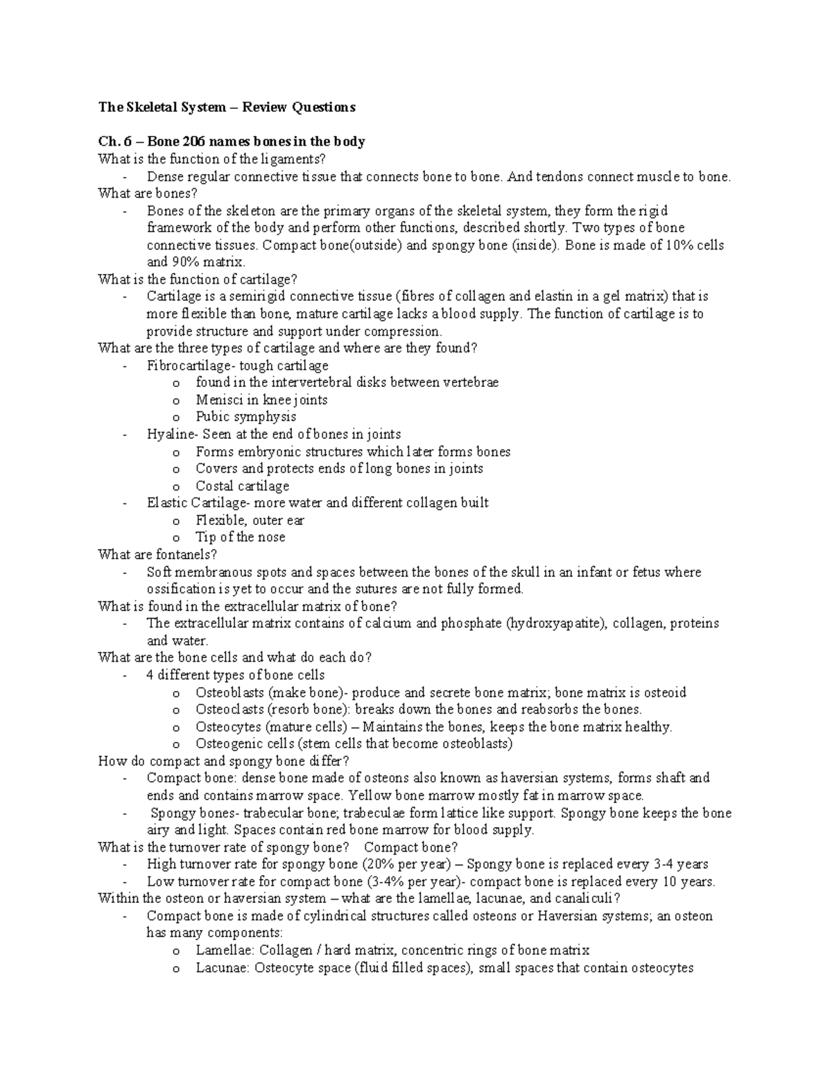 Study Guide: Skeletal System Review Questions (Bio 206) - Studocu