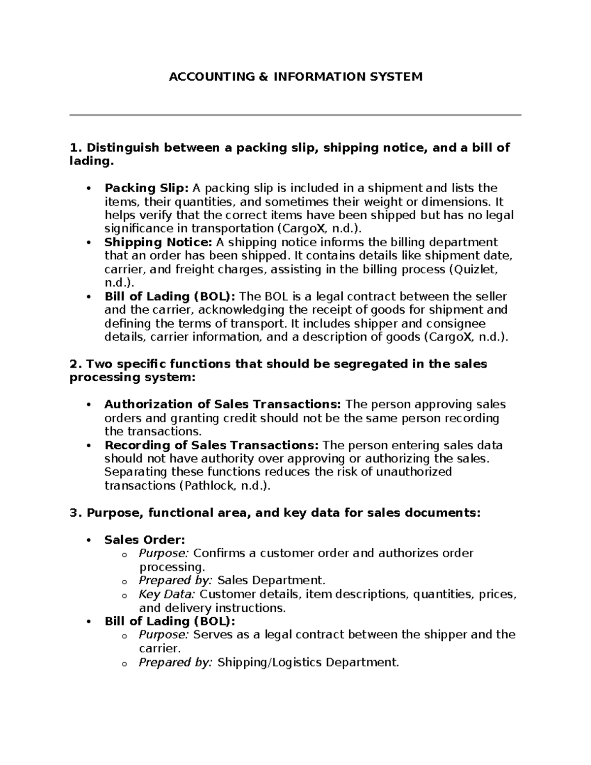 AIS Activity 3: Distinguishing Shipping Documents and Sales Functions ...