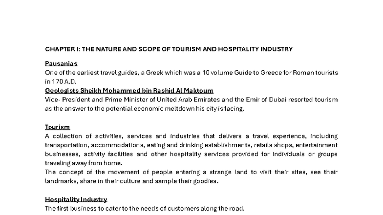 CHAPTER I-II: NATURE & SCOPE OF TOURISM & HOSPITALITY INDUSTRY - Studocu
