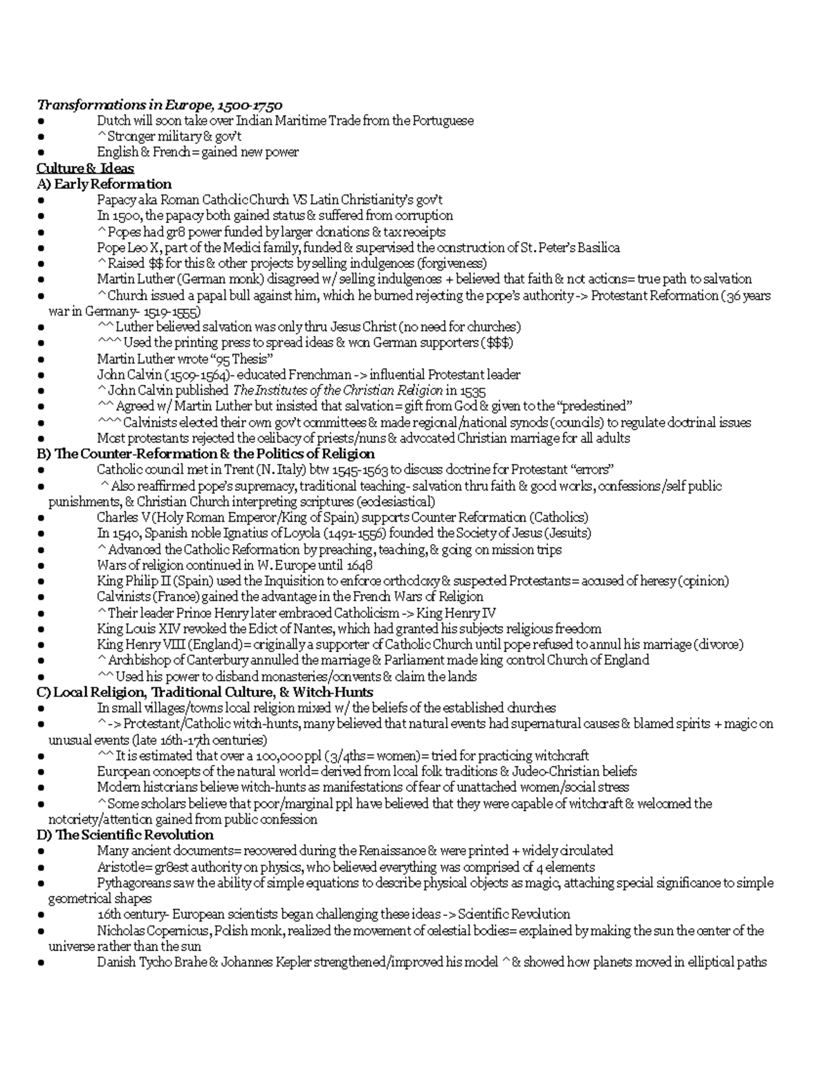 Chapter 16: Transformations in Europe, 1500-1700 Outline - Studocu